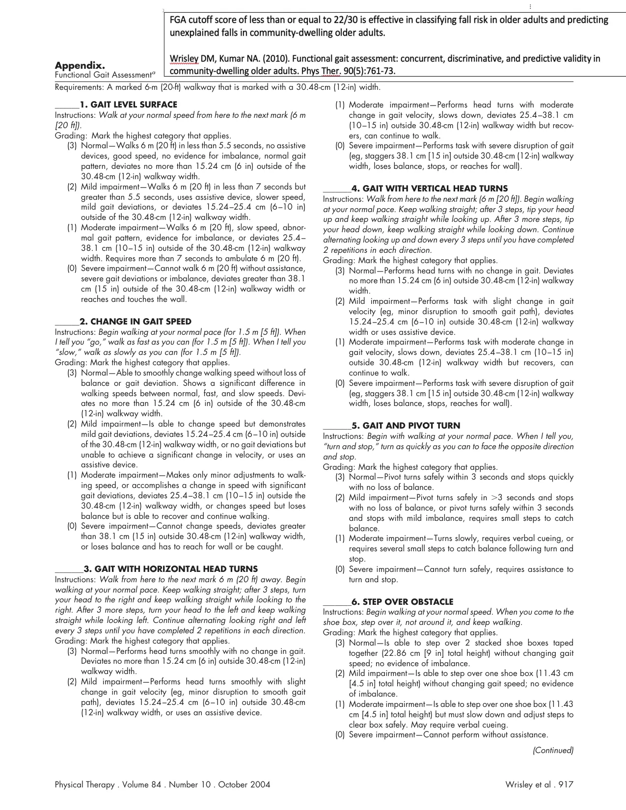 Functional Gait Assessment | PDF | Chesser Resources